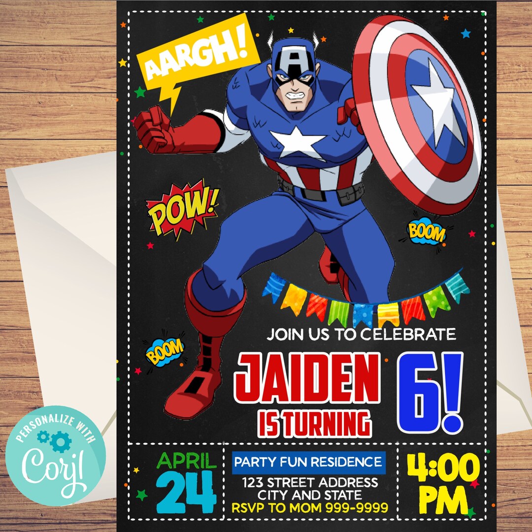 Editable Captain America Birthday Invitation, Template Captain America ...