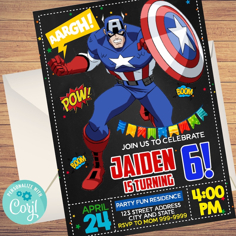 Editable Captain America Birthday Invitation, Template Captain America ...