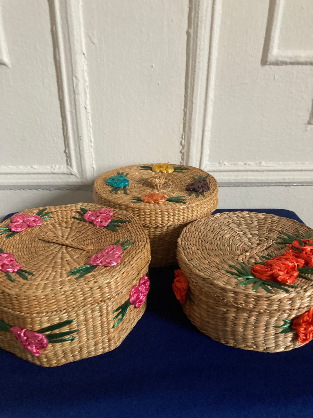 VINTAGE Brown Wicker Baskets With Colorful Woven Florals. - Etsy