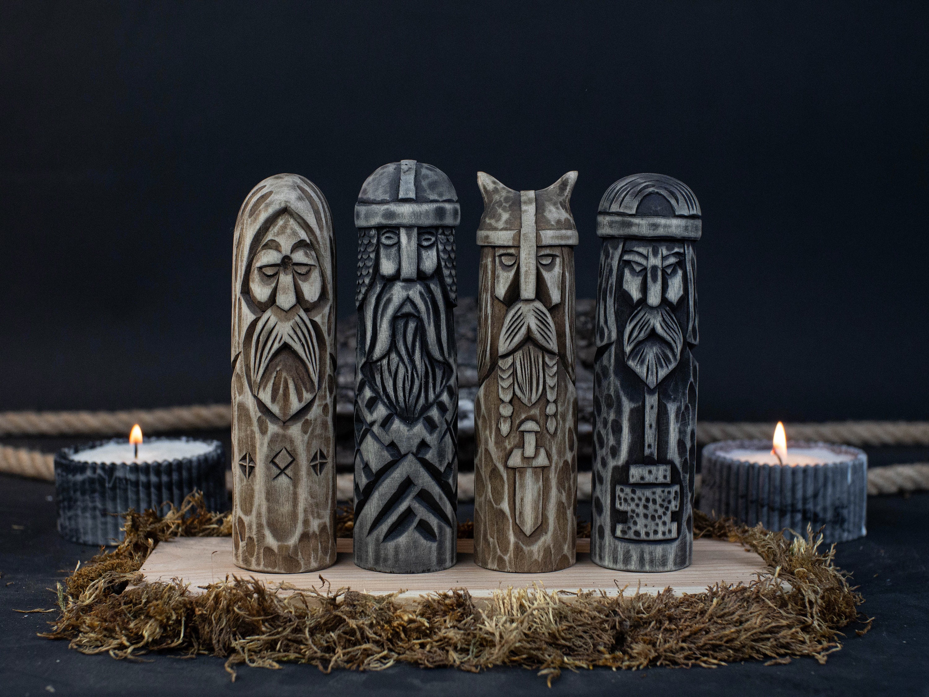 Wooden Figurine Set 4 PCS. Scandinavian Gods. Wood Carving. Altar ...