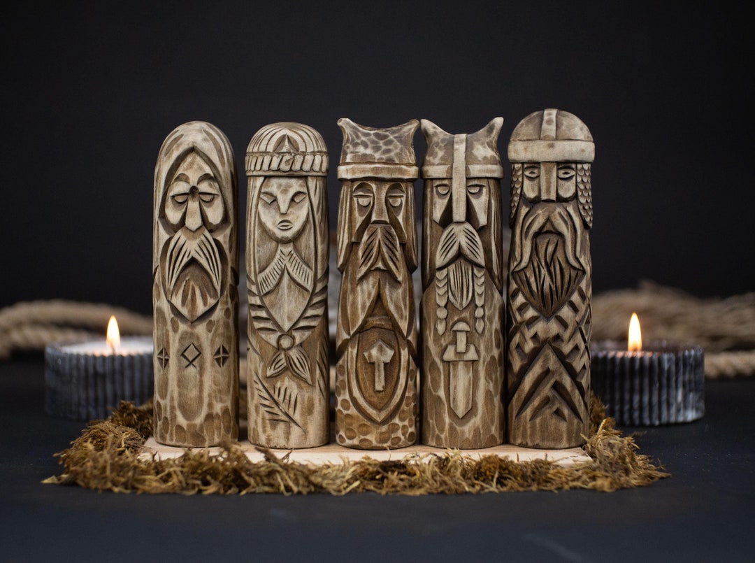 Set of Scandinavian Gods and Goddesses, Handcrafted Wooden Sculptures ...