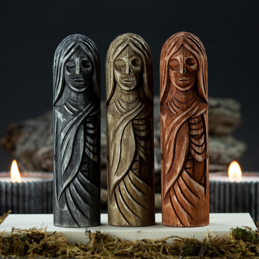 Set of 3 Hel Figurines - Wooden Norse Goddess Statues in Black, Red ...