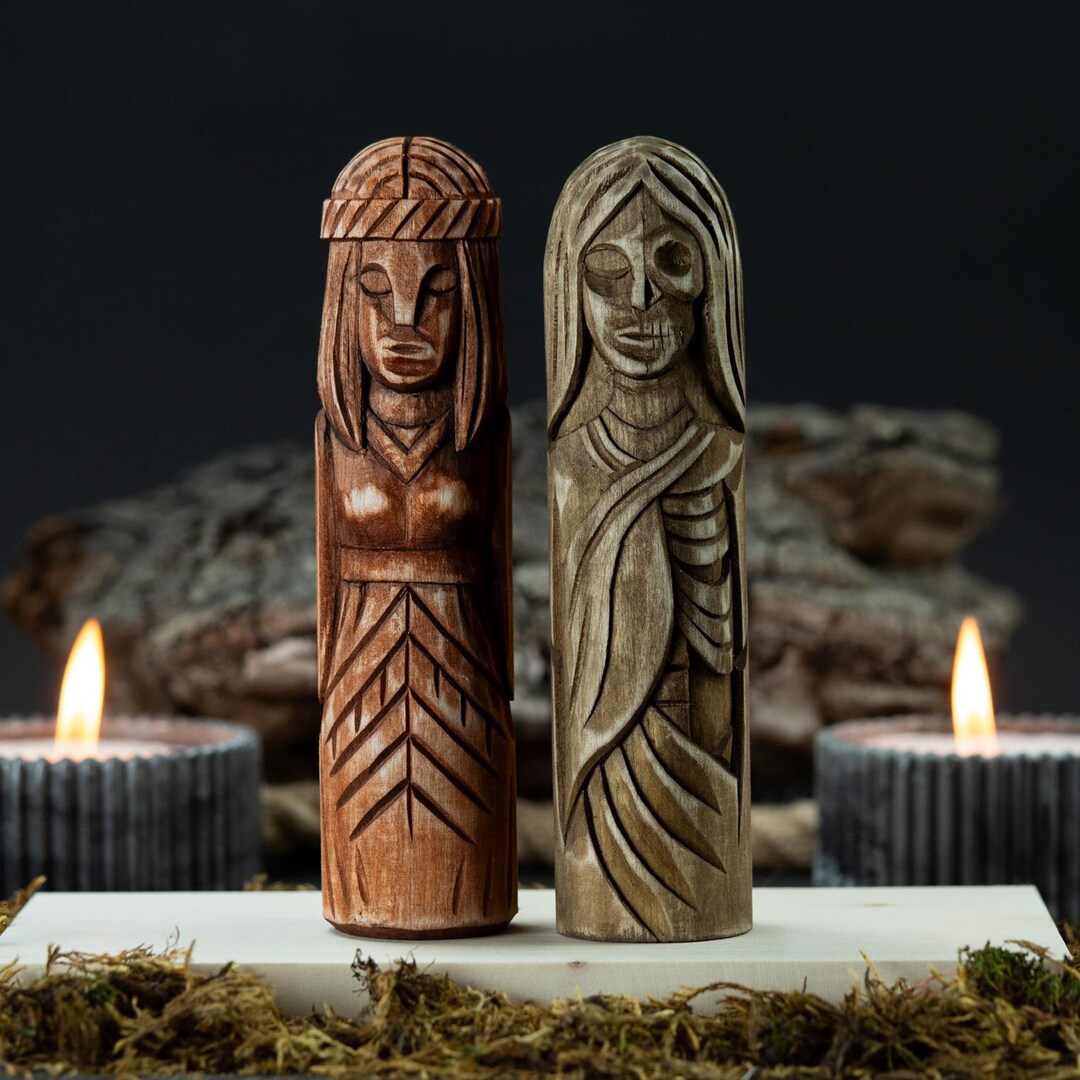 Set of 2 Figurines - Wooden Norse Goddess Statues in Red and Brown ...