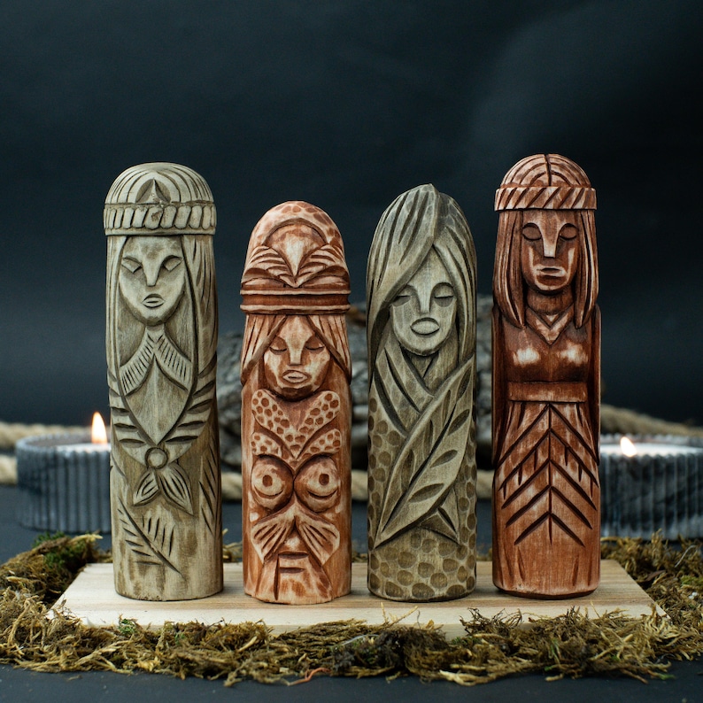 Collection of 4 Norse Goddess Statues – Wooden Pagan Figurines for ...