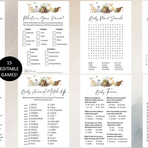 Woodland Animal Baby Shower Game Bundle, 15 Editable Baby Shower Game ...