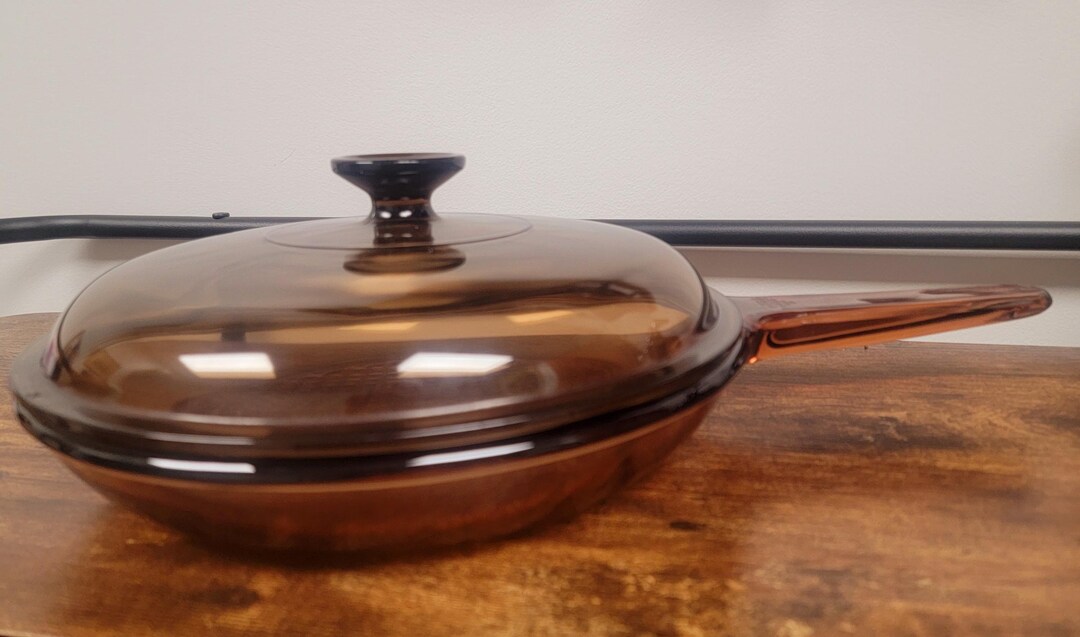 Vision Ware France 11" Amber Waffle Glass Skillet Frying Pan W/ Lid ...