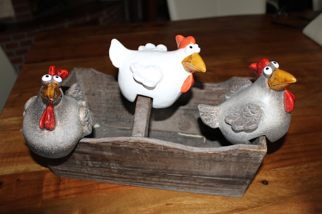 Edge-sitter Chickens, 3 Chickens on a Perch, Made of Ceramic, Chicken ...