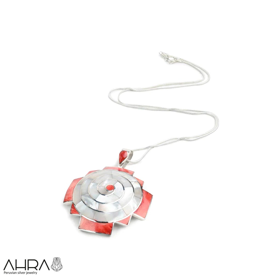 950 Silver Chakana Pendant: Peruvian Spiral Inlay Necklace, 24" Chain ...