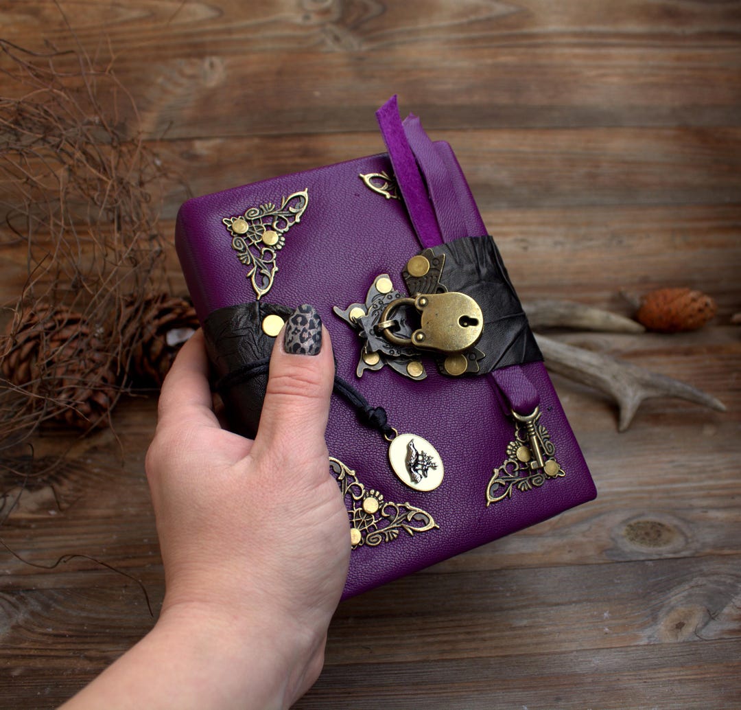 Vintage Gothic Locked Journal, Purple Moon, Handmade Leather Notebook ...