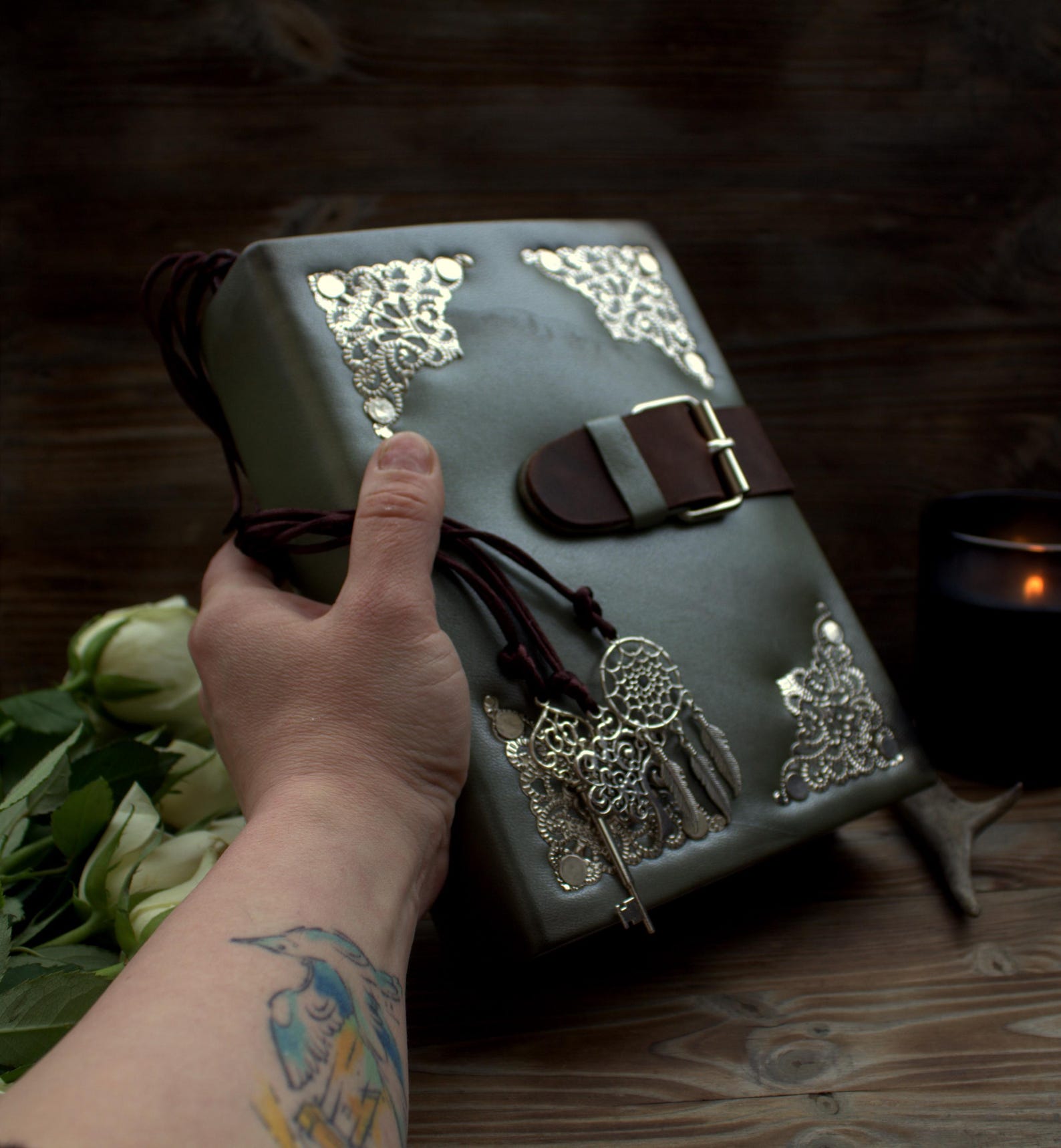 Handmade Green Leather Grimoire, Locking Book of Shadows, 400 Page ...