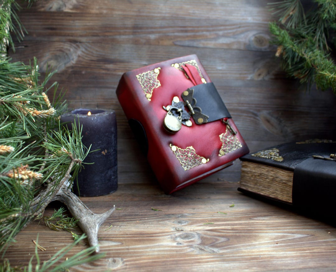 Handmade Red Leather Grimoire Journal With Lock, Witchcraft Book of ...