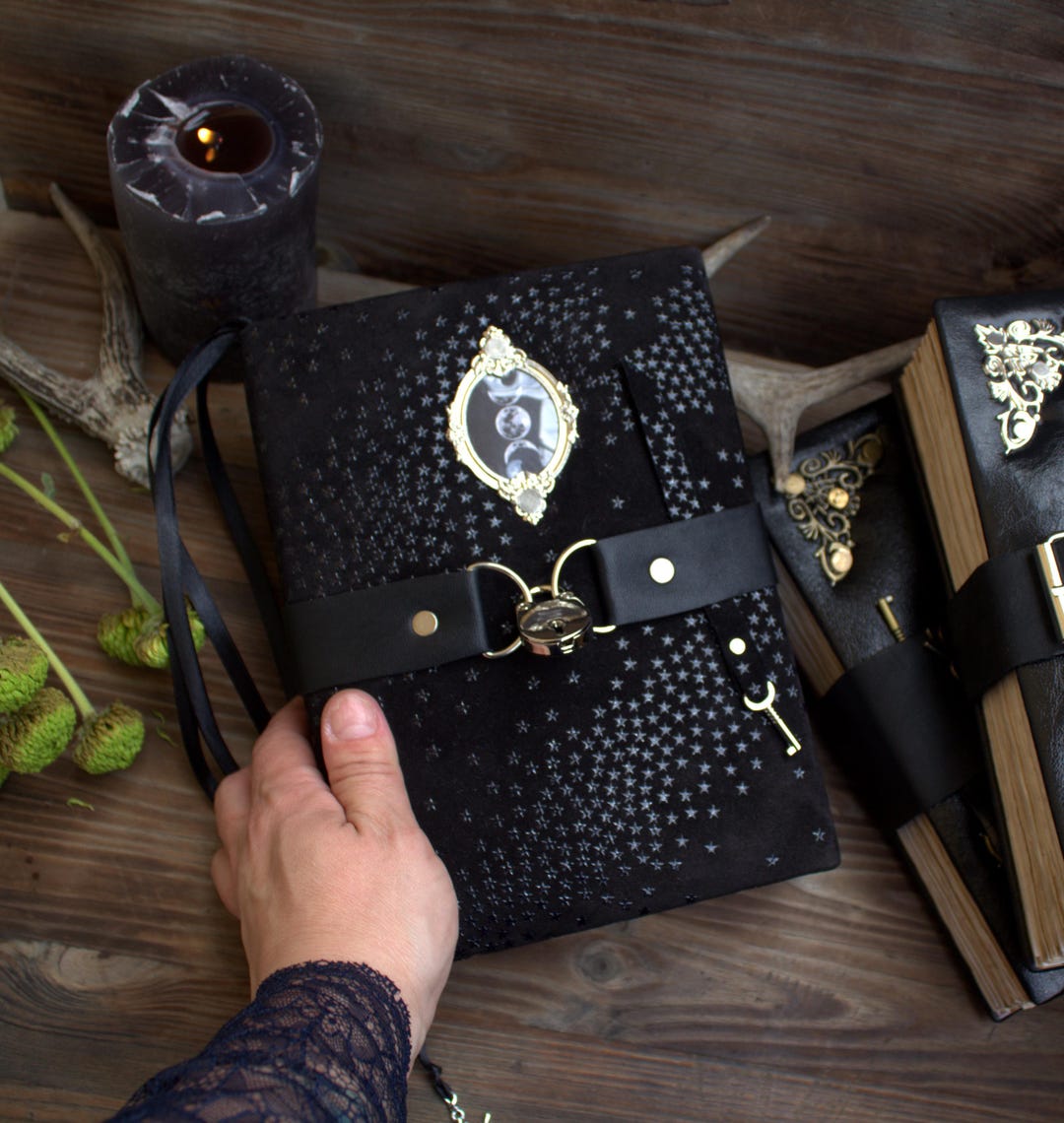 Black Leather Grimoire, Vintage Witchcraft Journal With Lock & Key - Etsy