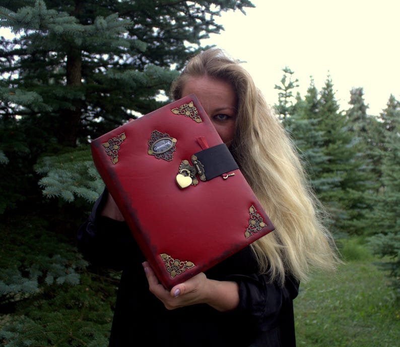 Red Large Leather Journal With Lock and Key, Book of Shadows Journal ...