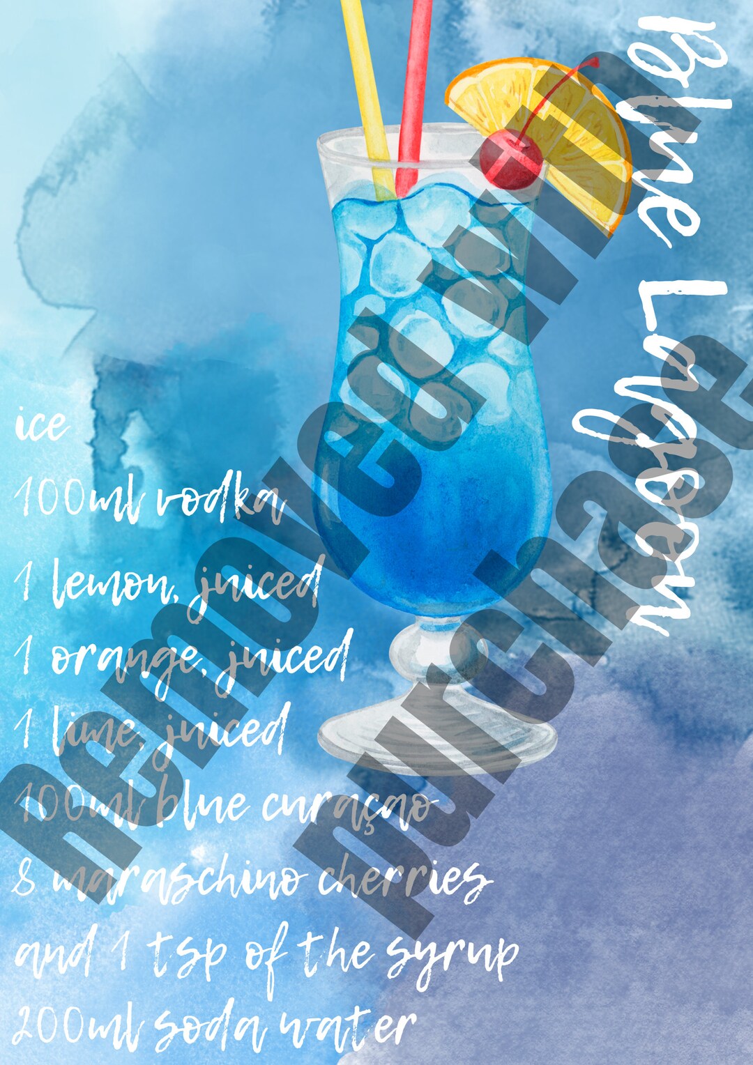 Blue Lagoon Digital Cocktail Alcohol Prints Printable Ingredients ...
