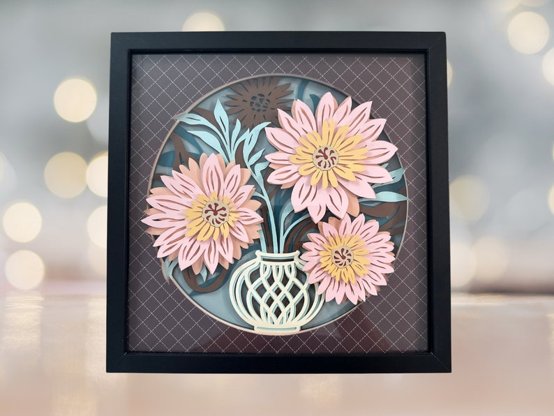 3D Layered Cardstock Vase With Pink Flowers on Brown Background, Black ...
