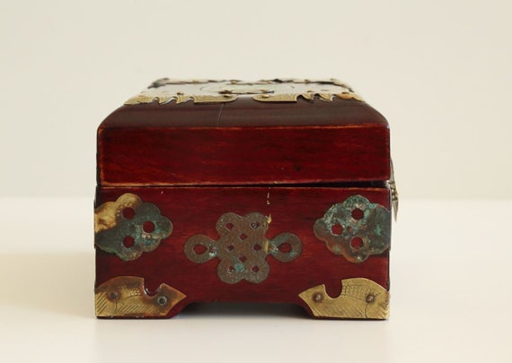 Vintage Chinese Rose Wood Small Jewelry Box with Bras… - Gem
