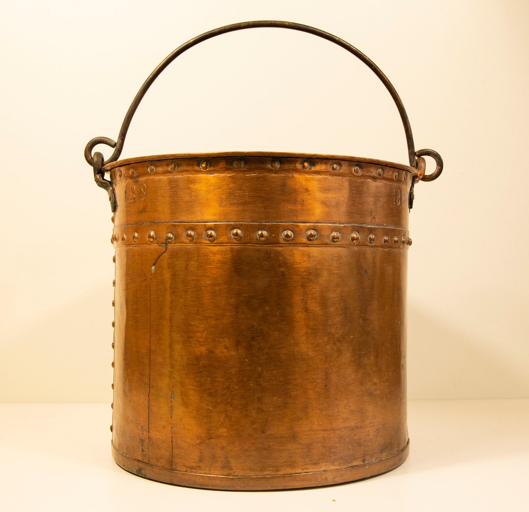 Antique English Solid Copper Bucket With Riveted Seams and Iron Handle ...