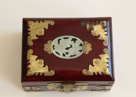 Vintage Chinese Rose Wood Small Jewelry Box with Bras… - Gem