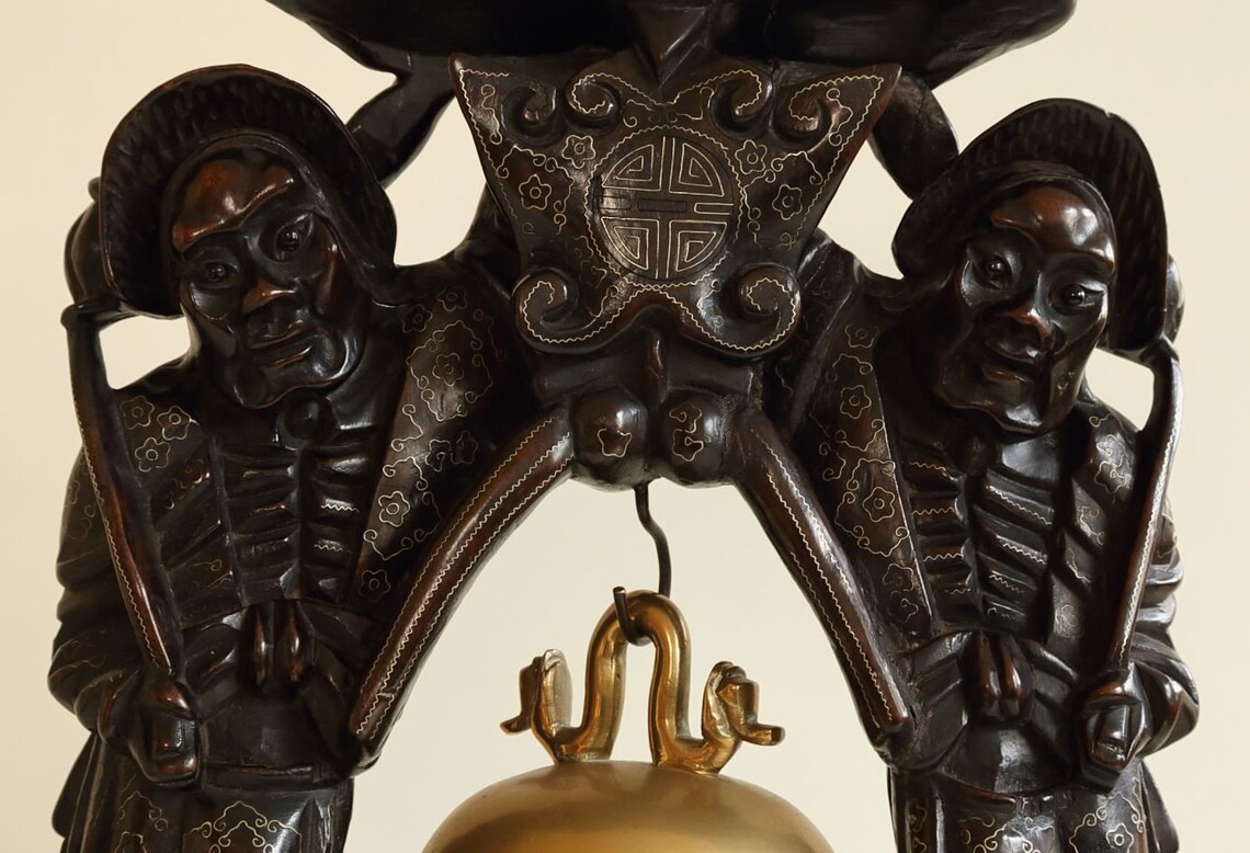 Antique Chinese Wooden Brass Bell in Hand Carved Frame Holder Inlaid ...