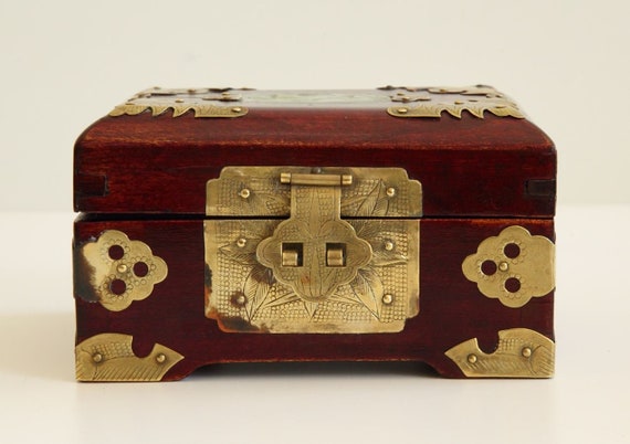 Vintage Chinese Rose Wood Small Jewelry Box with Bras… - Gem