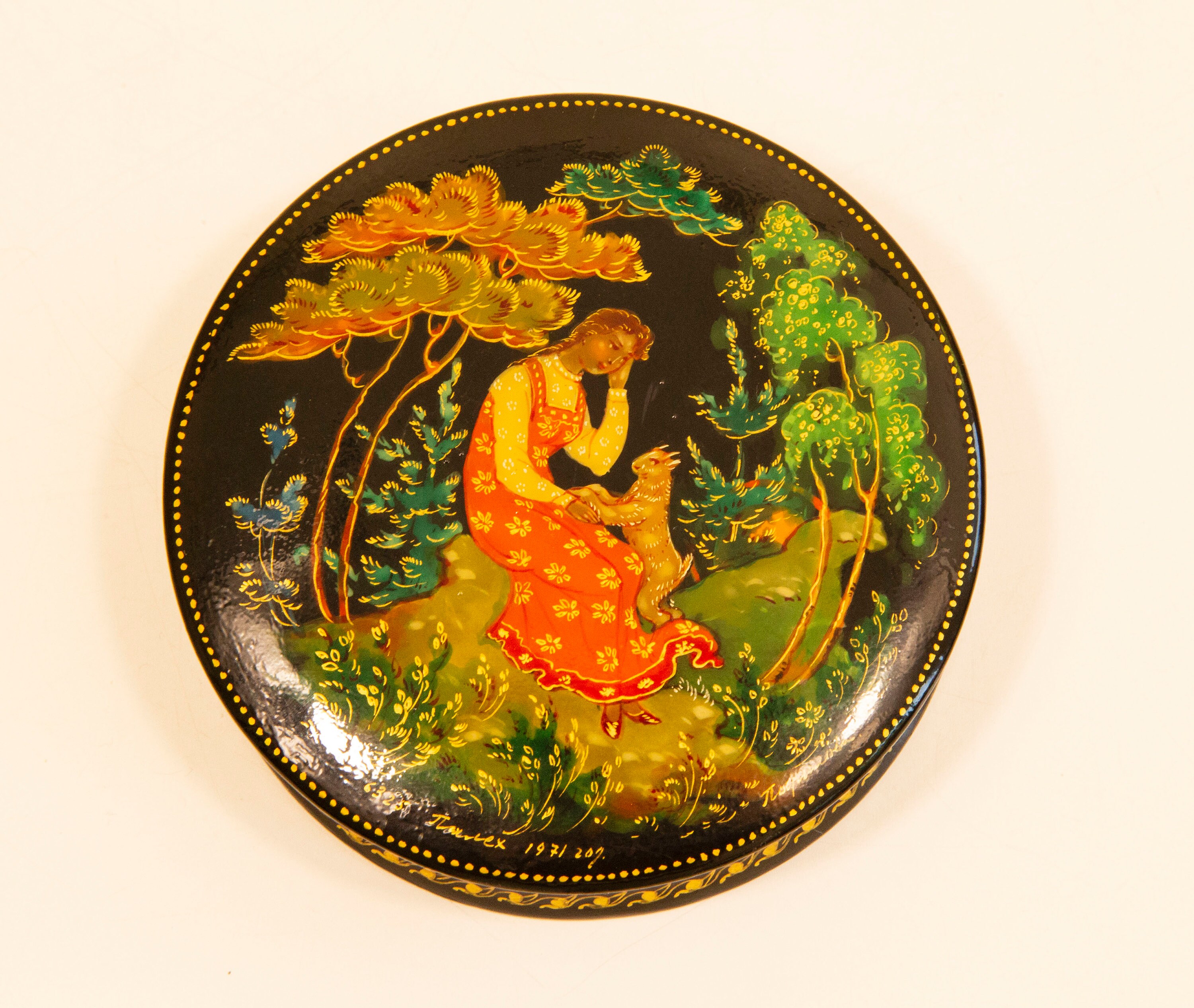 Palekh Палех Russian Hand Painted Signed Lacquer Round Jewelry Storage ...