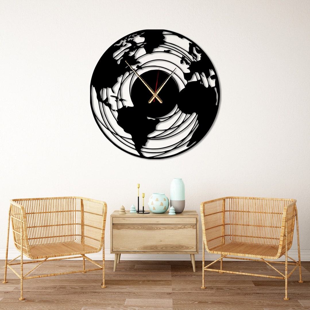 World Map Oversized Metal Wall Clock, Geometric Wall Clock, Modern ...