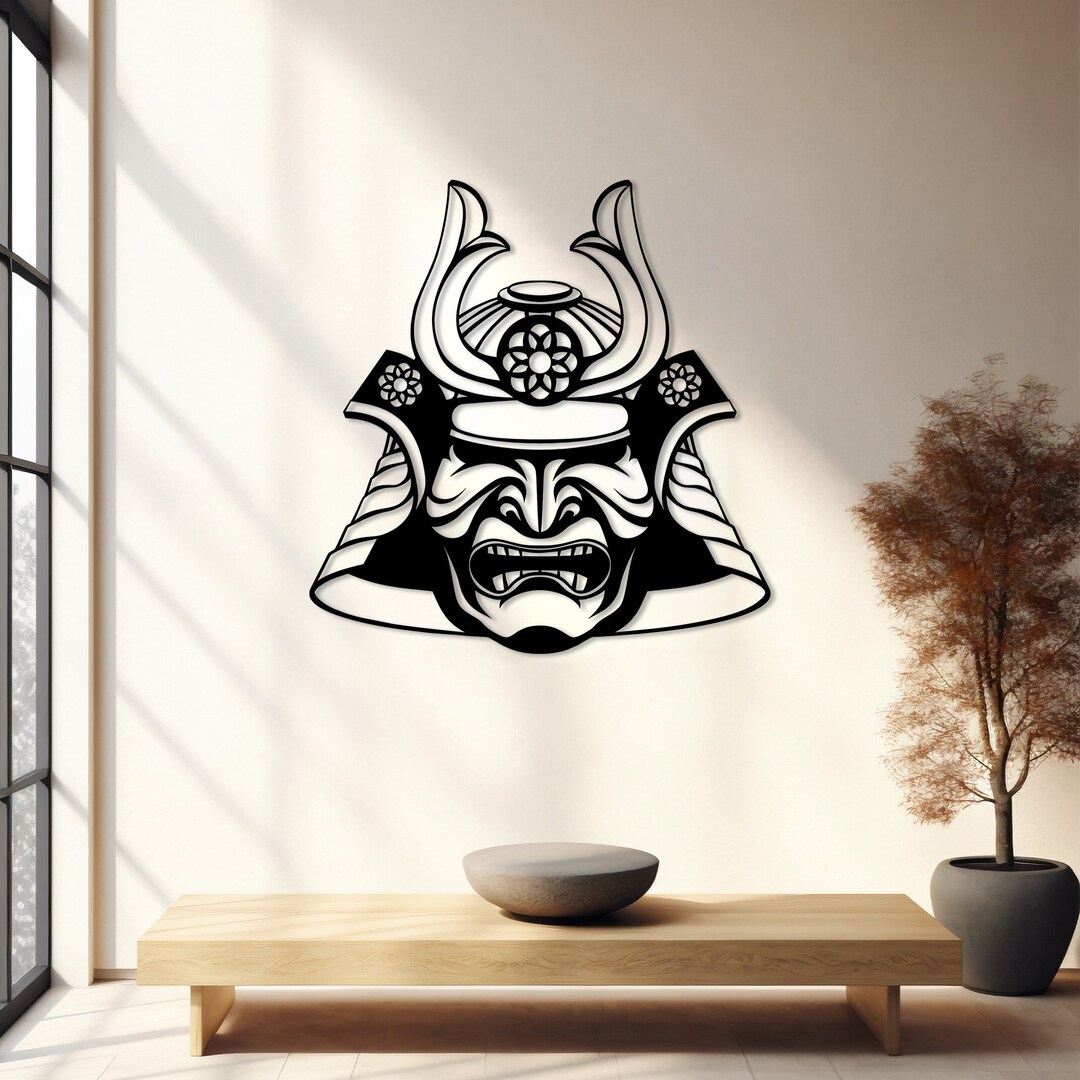 Samurai Mask Japanese Wall Art, Swordsman Metal Sign, Large Wall Art ...
