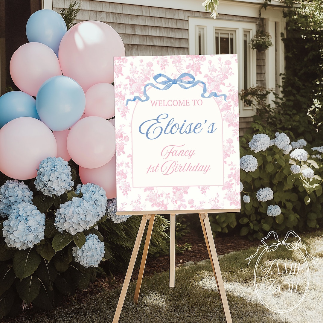 Love Shack Fancy 1st Birthday Welcome Sign: Pink Floral, Blue Bow ...