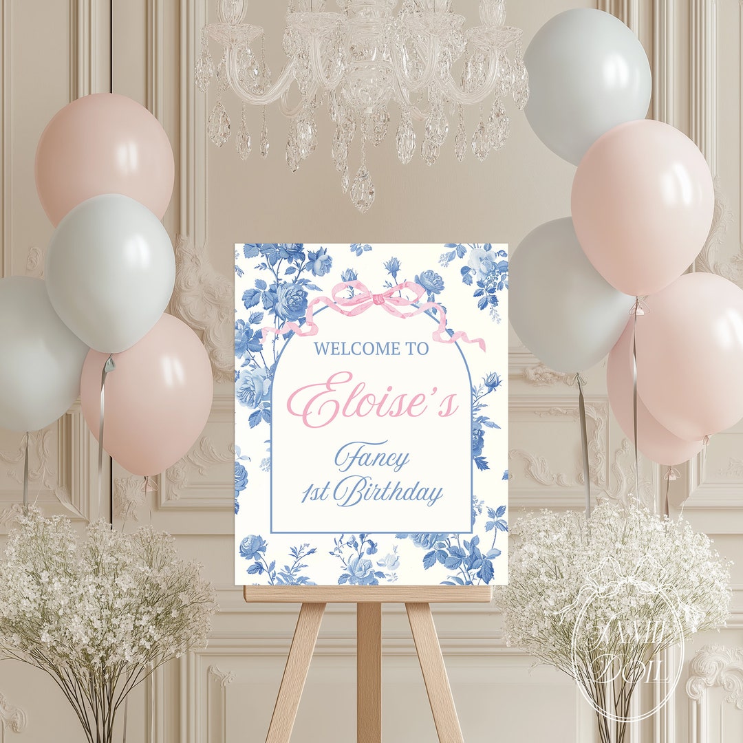 Love Shack Fancy 1st Birthday Welcome Sign: Blue Floral, Pink Bow ...