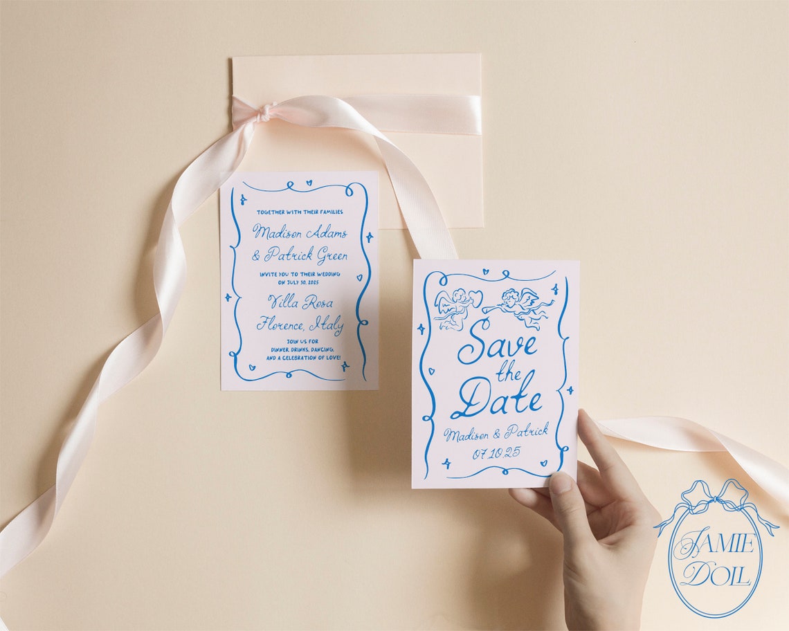 Romantic Cherub Save the Date Template: French-inspired (canva Editable ...