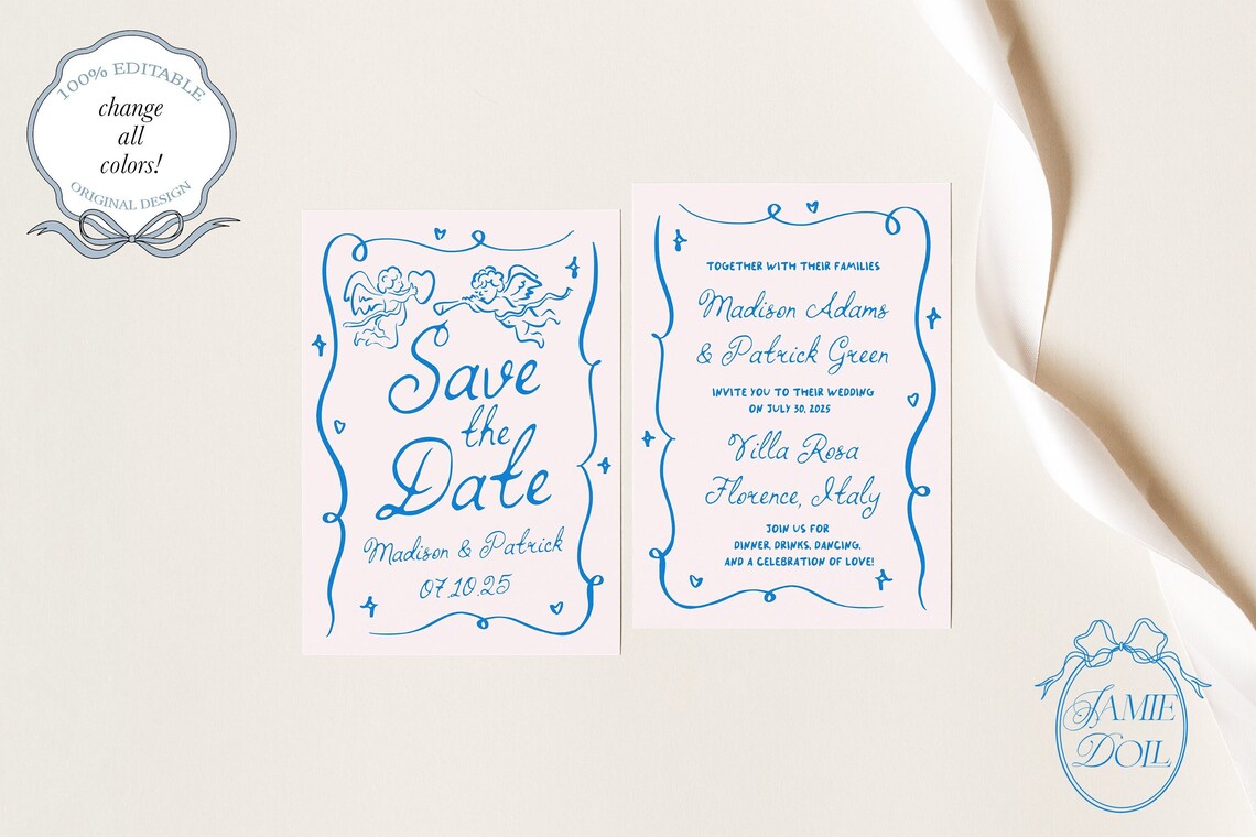 Romantic Cherub Save the Date Template: French-inspired (canva Editable ...