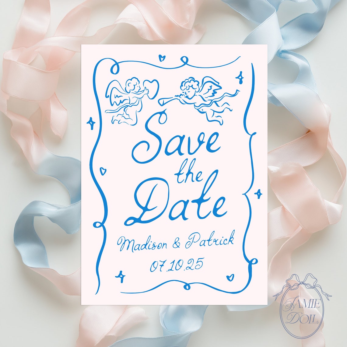 Romantic Cherub SAVE THE DATE Template, Cupid, Blue Pink Bow ...