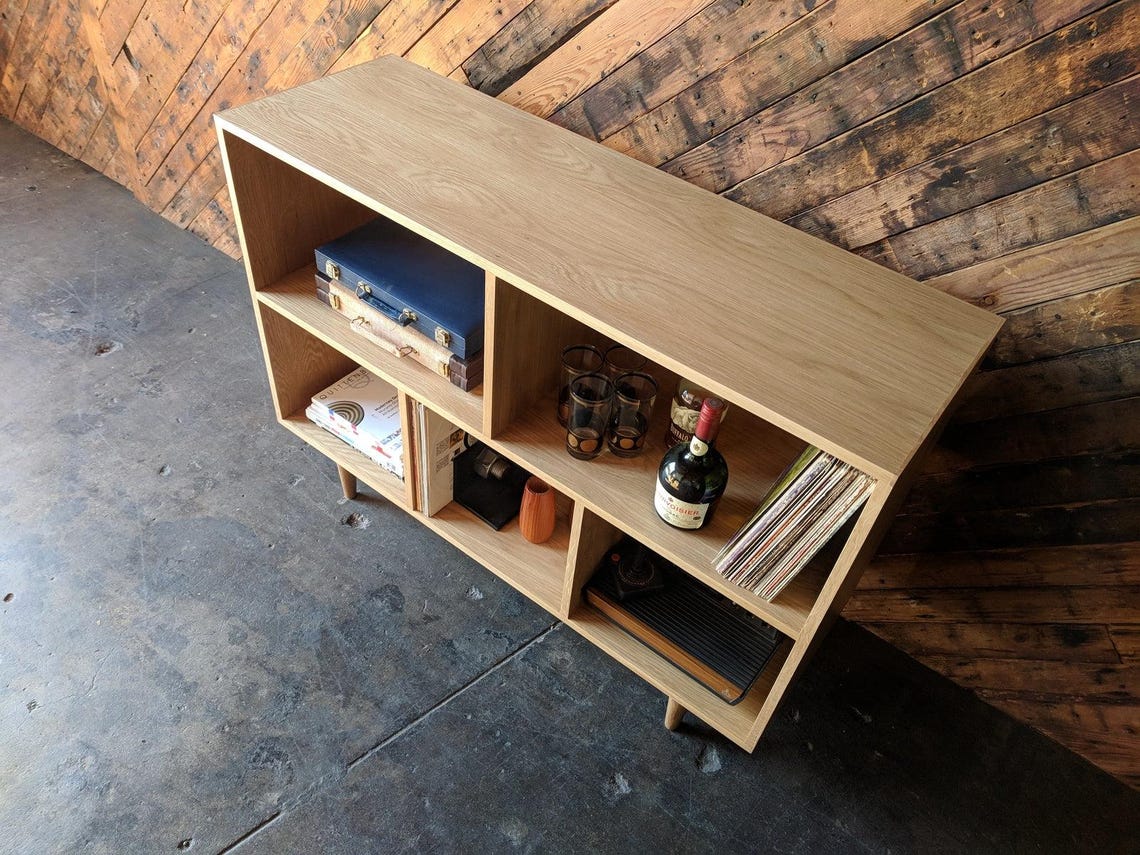 Custom Mid Century Style White Oak Book Record Shelf With 5 Bays That ...