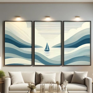 Ocean Triptych Wall Art Modern Big Wall Decor Minimalist Digital Print, Blue Grey Ocean Artwork ...