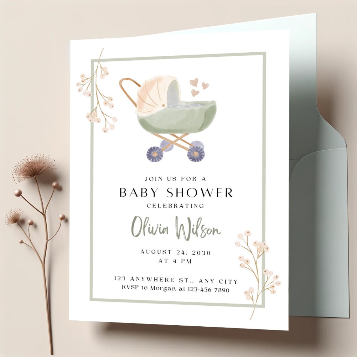 Pram Baby Shower Invitation, Customizable Canva Template, Elegant ...