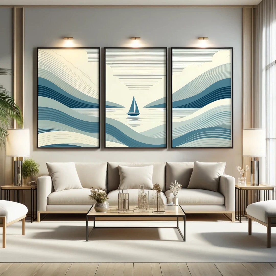Ocean Triptych Wall Art Modern Big Wall Decor Minimalist Digital Print ...