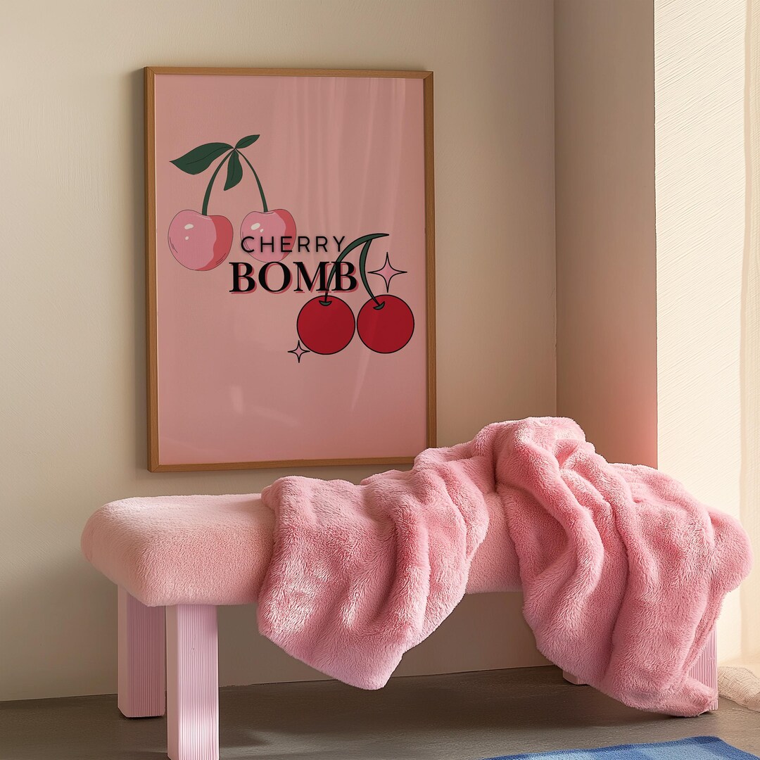 Cherry Bomb Pink Print, Cherries Trendy Poster Wall Art for Dorm Room ...