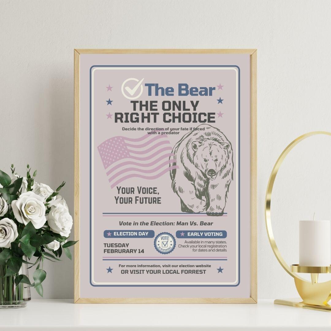 Man Vs Bear Funny Political Art Print, Vintage Feminist Voting Sign ...