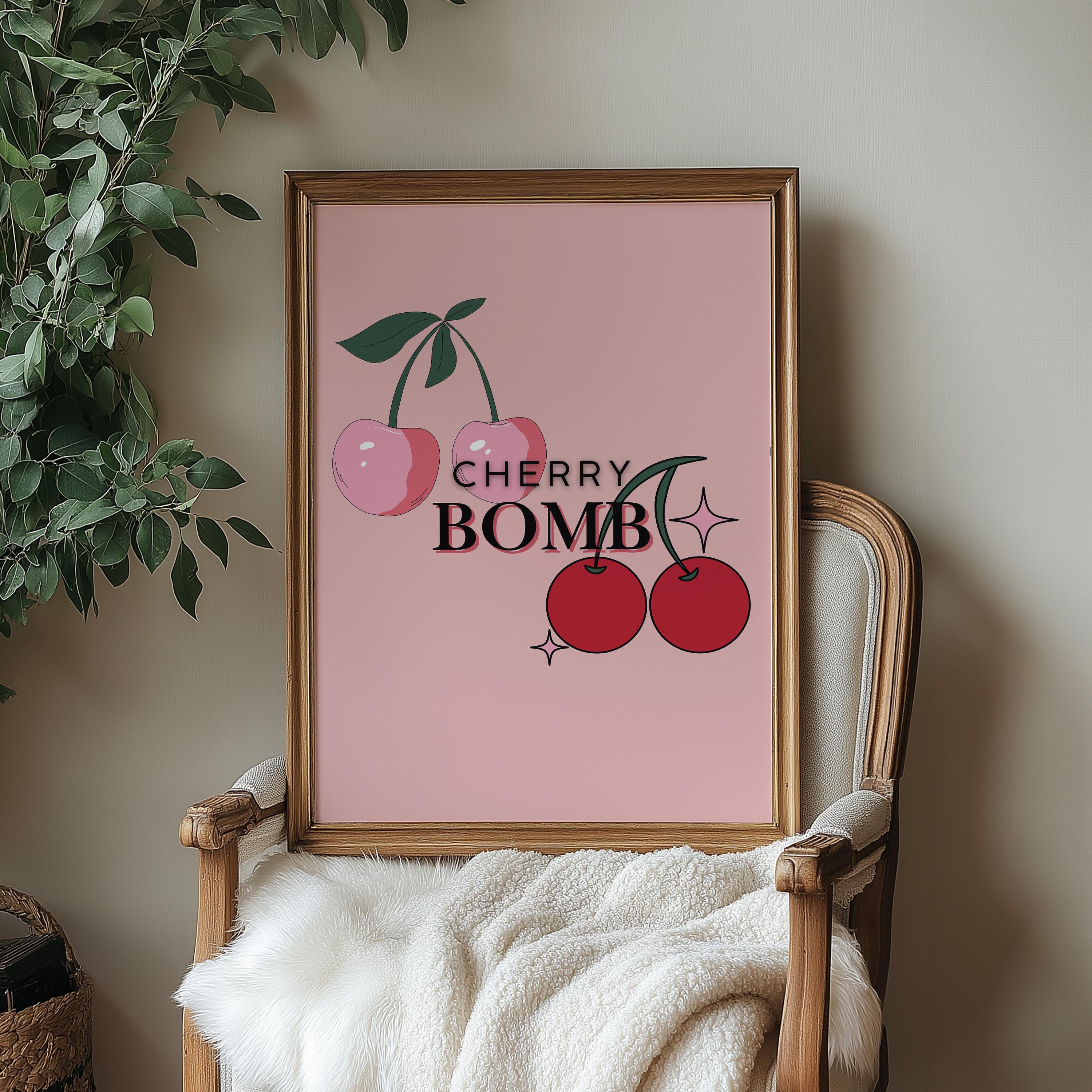 Cherry Bomb Pink Print, Cherries Trendy Poster Wall Art for Dorm Room ...