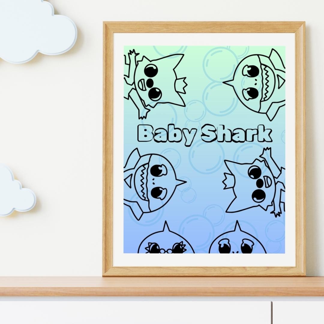 Baby Shark Aqua Print for Child's Room, Pinkfong Digital Art for Boys ...