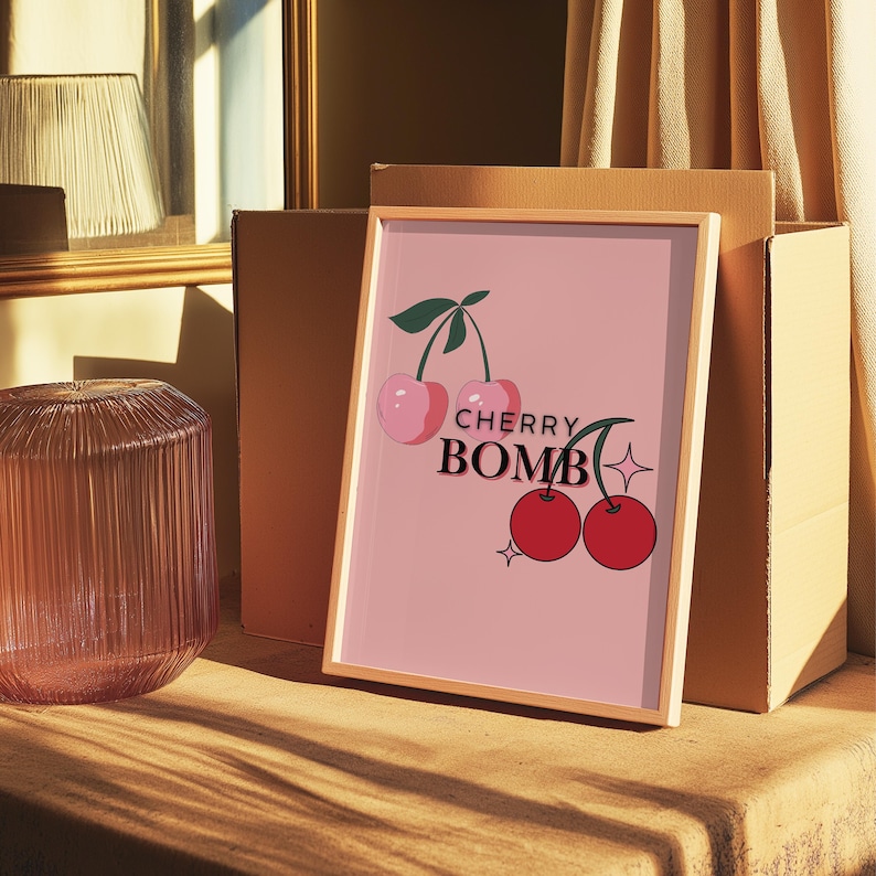 Cherry Bomb Pink Print, Cherries Trendy Poster Wall Art for Dorm Room ...