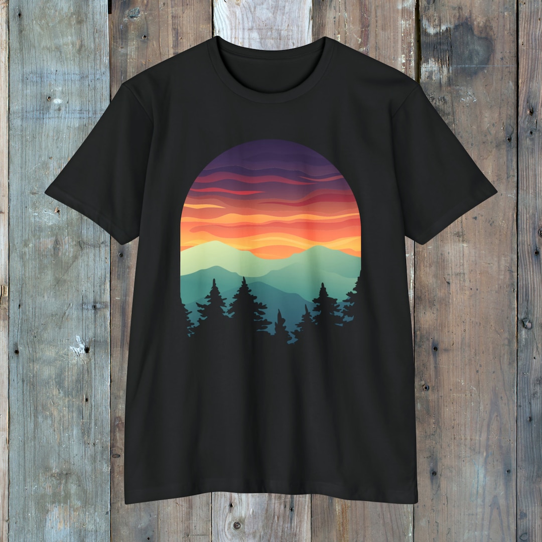 Mens Camping Shirt Retro Mountains and Trees at Sunset T-shirt Outdoors ...