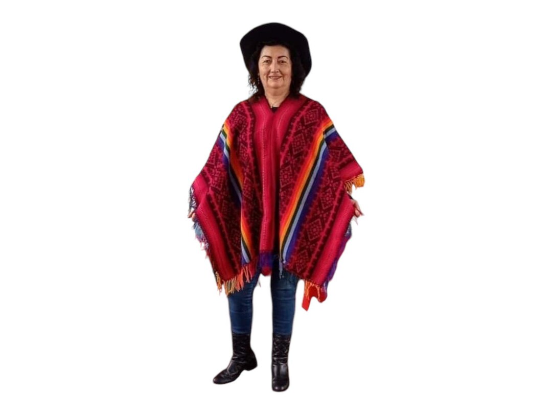 Traditional Peruvian Poncho, Red/black/rainbow, Poncho for Unisex ...
