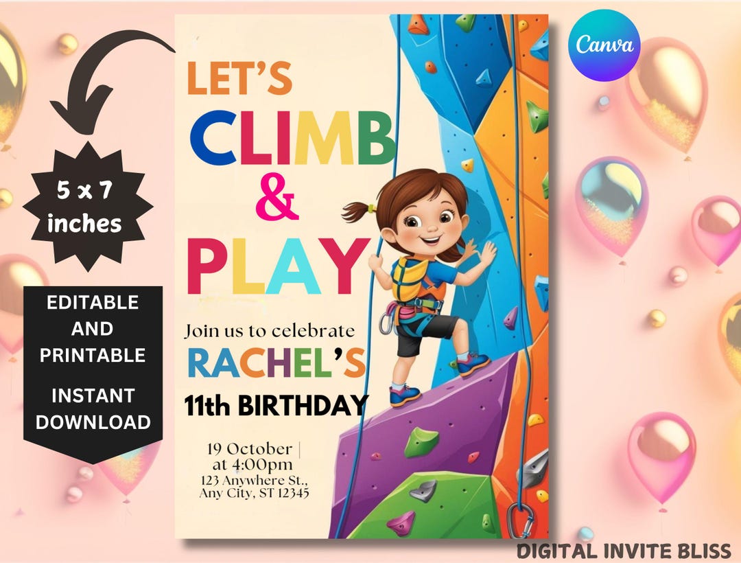 Editable Rock Climbing Birthday Invite, Indoor Climbing Wall Invite ...