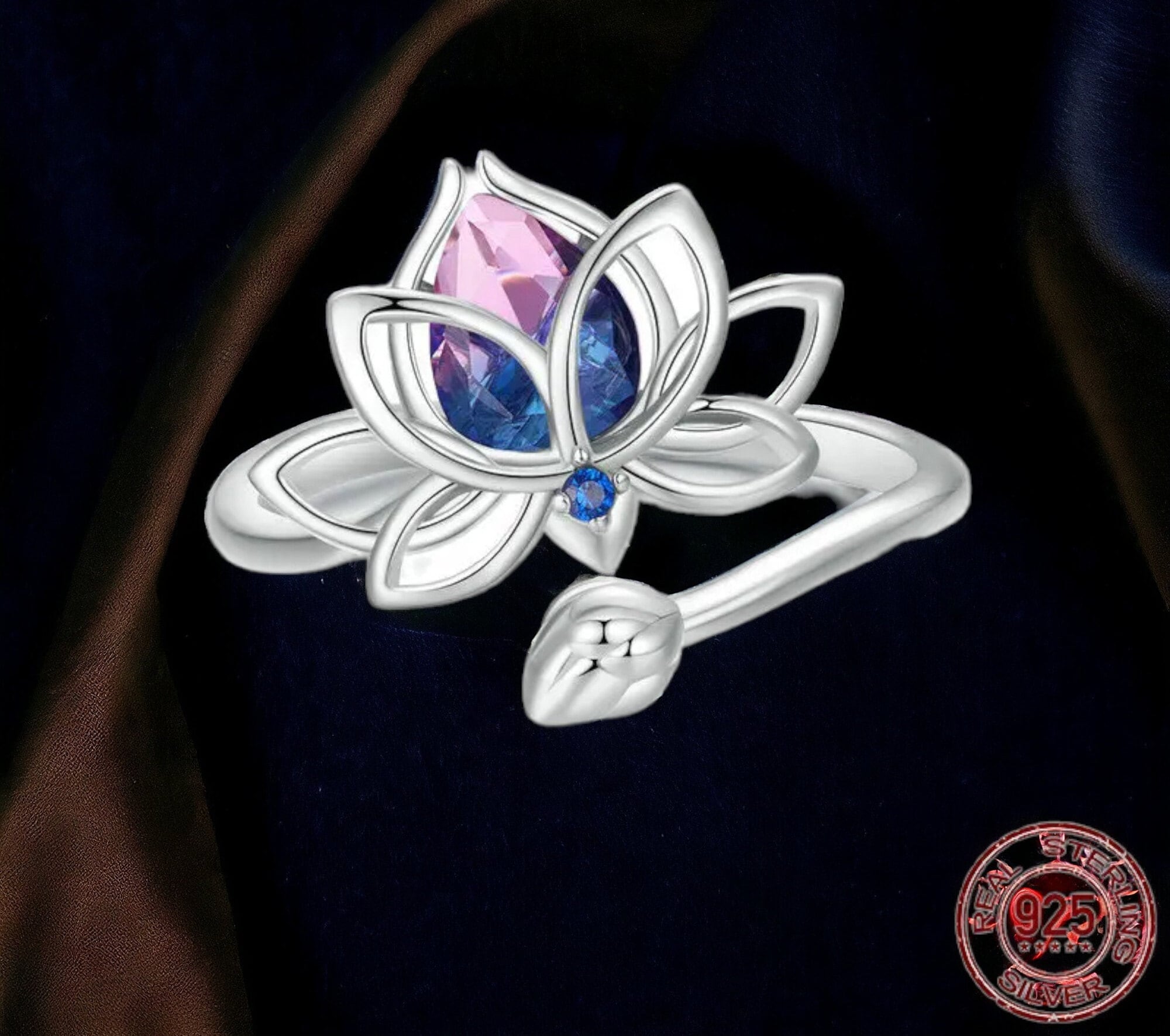 Sterling Silver Ring Lotus Flower Ring Open Ring Moonstone Ring Women's ...