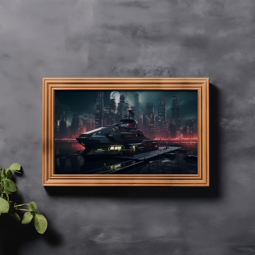 Printable Cyberpunk Dystopian Boat Yacht Ship Landscape Artwork, Wall ...