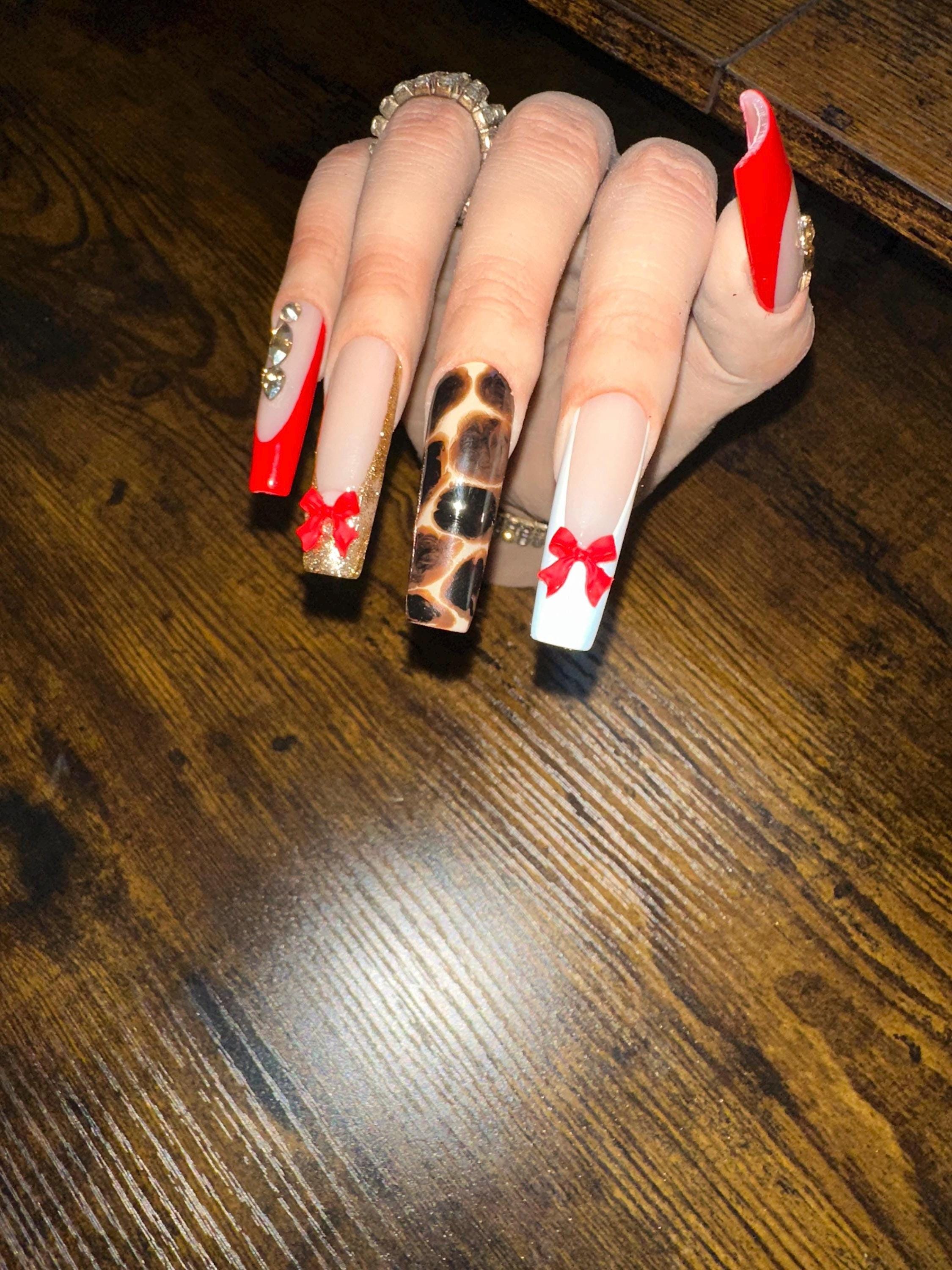 Long Tapered Square Acrylic Press on Nails With a Bow Charms and Nail ...