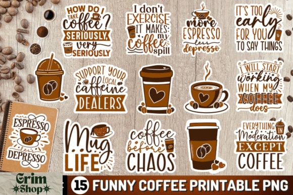 Funny Coffee Printable Stickers PNG, Coffee Stickers, Digital Stickers ...