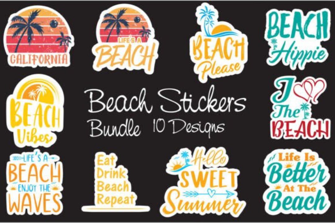 Beach Printable Sticker Bundle, Beach Stickers, Retro Sticker Bundle ...