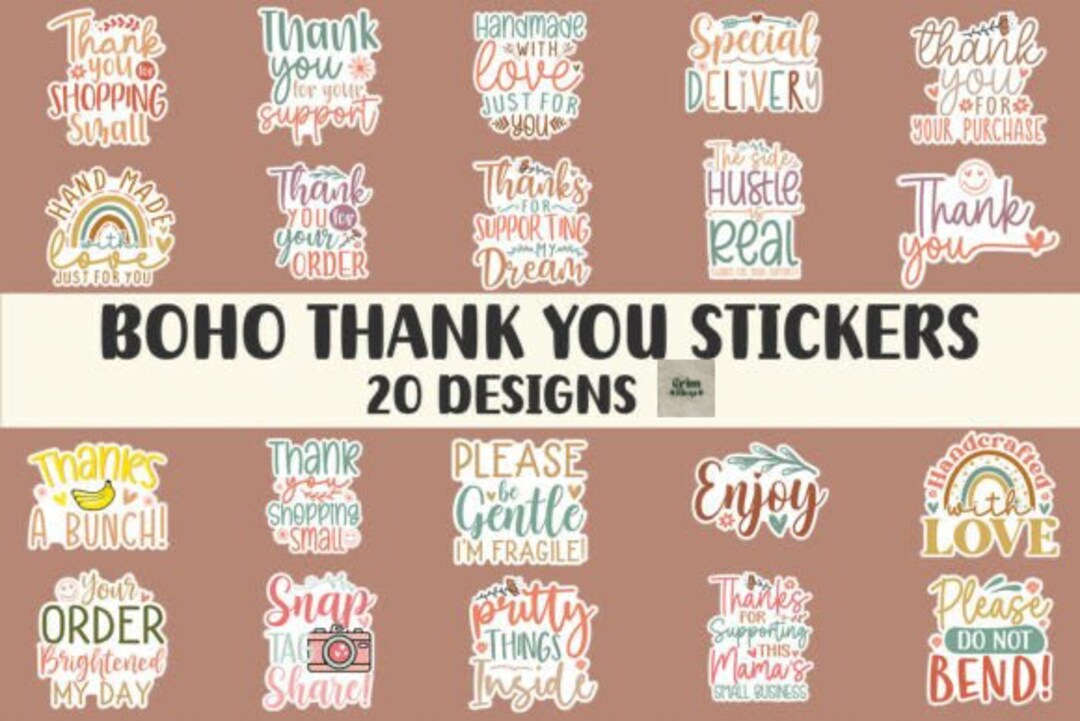 20 Boho Thank You Stickers SVG PNG Bundle , Digital Thank You Printable ...